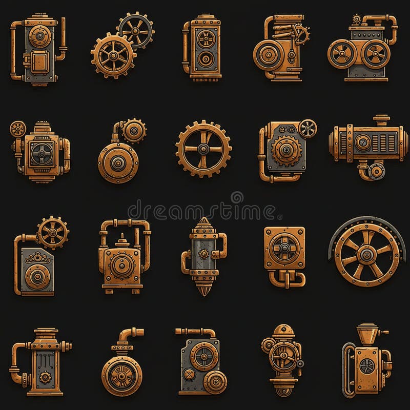 A Collection of Steampunk-themed Mechanical Illustrations Set on a Dark ...