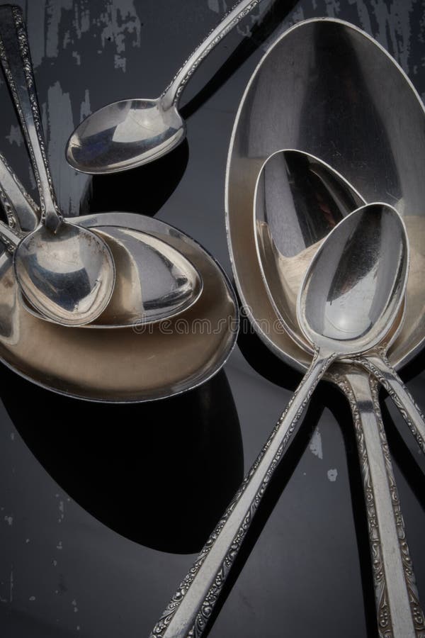 A Collection of Sterling Silver Spoons Stock Photo - Image of timeworn ...