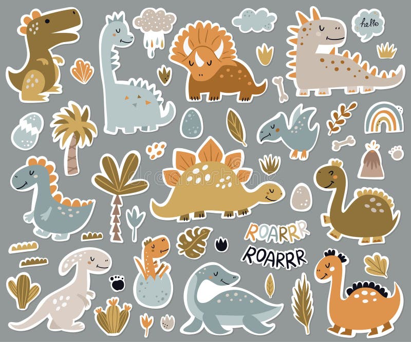 Collection of Stickers with Cute Dinosaurs. Stock Vector - Illustration ...
