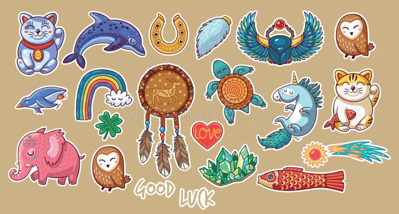 Collection of Stickers with Lucky Symbols Stock Vector - Illustration ...