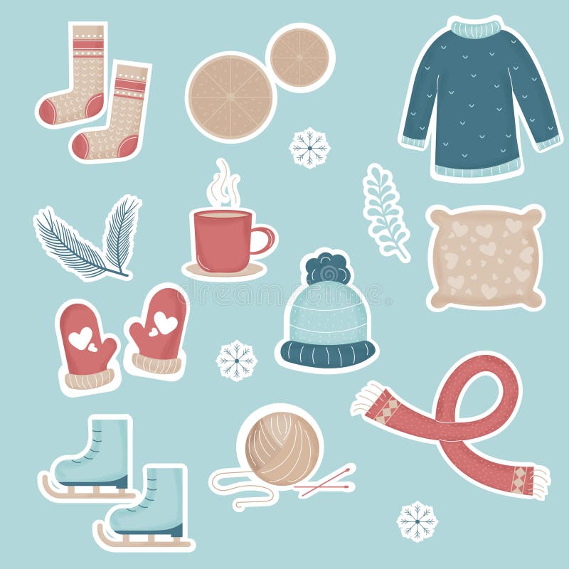 Collection of Stickers of Winter Elements. Hygge Style. Vector Stock Vector - Illustration of ...