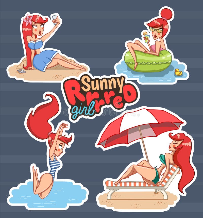 Collection Of Stickers Young Girl On Vacation Stock Vector