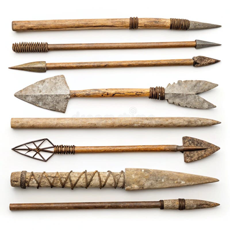 Collection of Stone Age Tools Including Arrows Isolated on White ...