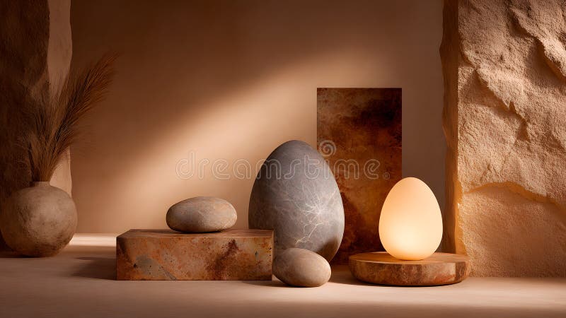Earthy Still Life Featuring Stone-like Objects, Minimalist Lamp, and ...