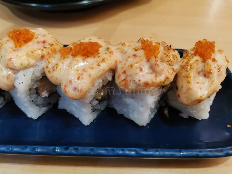 Chicken Spicy Roll Sushi, with Blue Plate Stock Photo - Image of ...