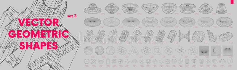 Collection of Strange Wireframes Vector 3d Geometric Shapes, Distortion ...