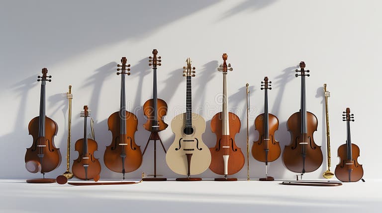 Collection of Stringed Musical Instruments Including Violins Cellos and ...