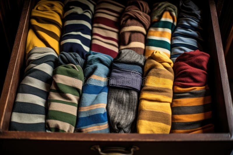 A Collection of Striped Socks Inside a Vintage, Open Drawer Stock Photo ...