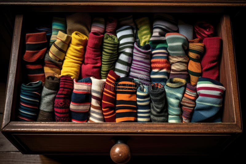 A Collection of Striped Socks Inside a Vintage, Open Drawer Stock Image ...