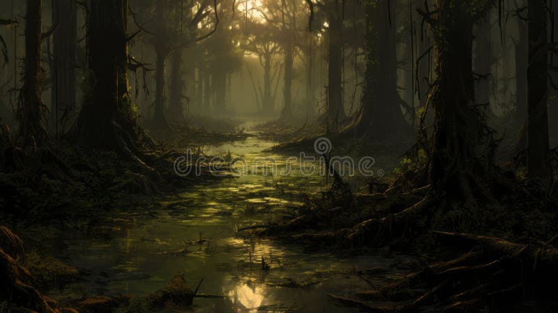 Eerily Realistic Forest Jungle with Sun Rays Shining on Swamp Stock ...