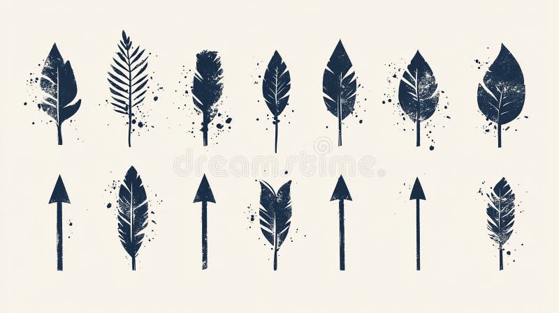 Collection of Stylish Dark Blue Feather and Arrow Icons on Light Beige ...