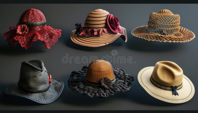 Collection of Stylish Hats Displayed on a Dark Surface, Showcasing ...