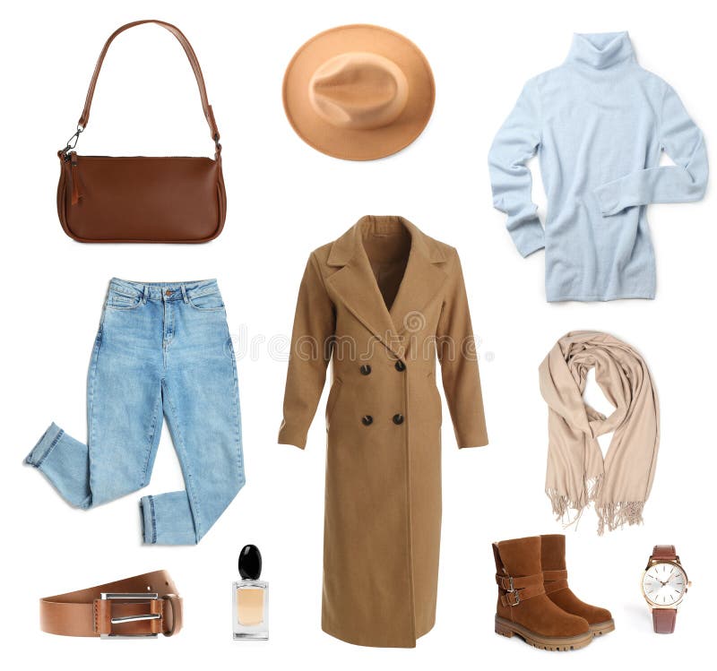 Collection of Stylish Outfit on White Background Stock Photo - Image of ...