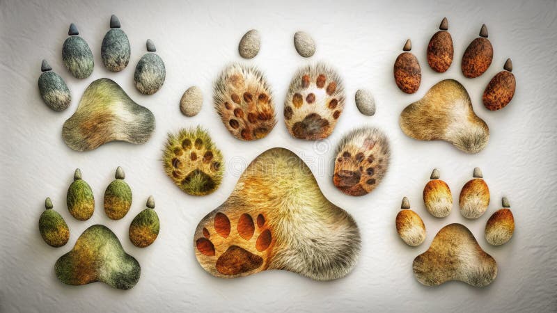 Collection of Stylized Animal Paw Prints with Textured Fur and Stone ...