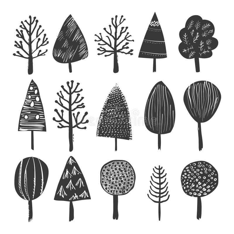 Collection of Twelve Hand-Drawn Black and White Trees, Perfect for ...