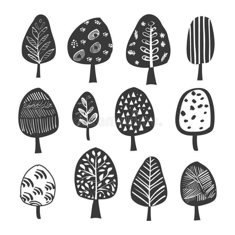 Collection of Twelve Stylish Black and White Trees Hand-Drawn Vector ...