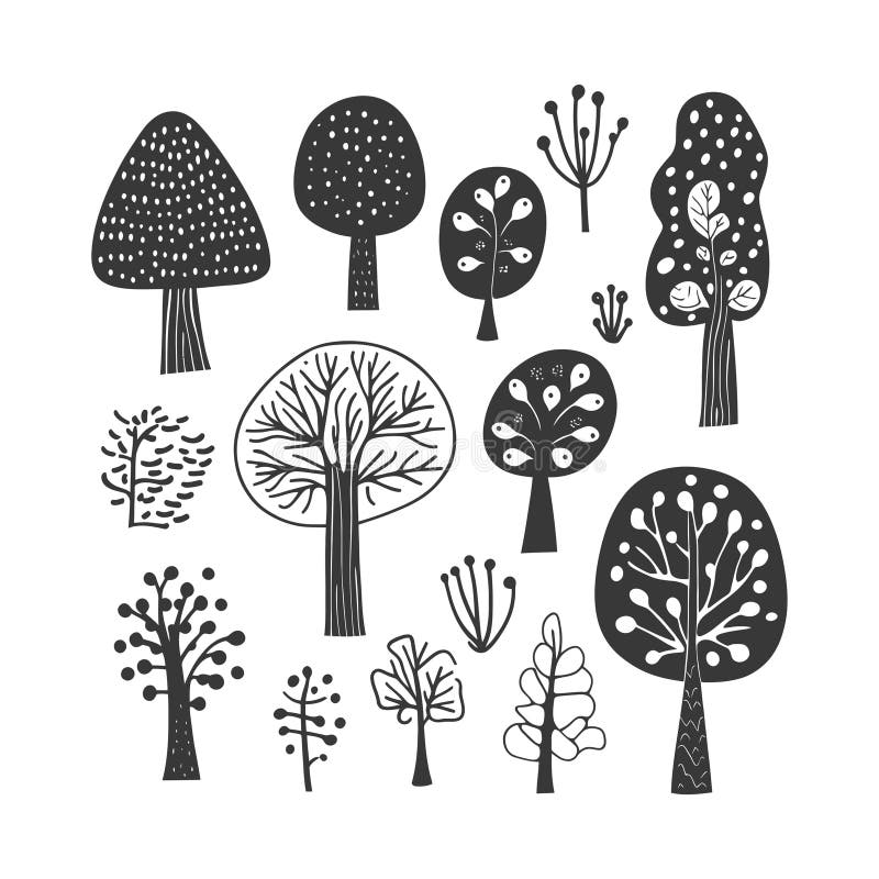 Collection of Stylized Black and White Trees and Plants for Design ...