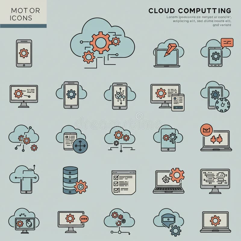 A Collection of Stylized Cloud Computing Icons Depicting Concepts Like Data Storage, Stock ...