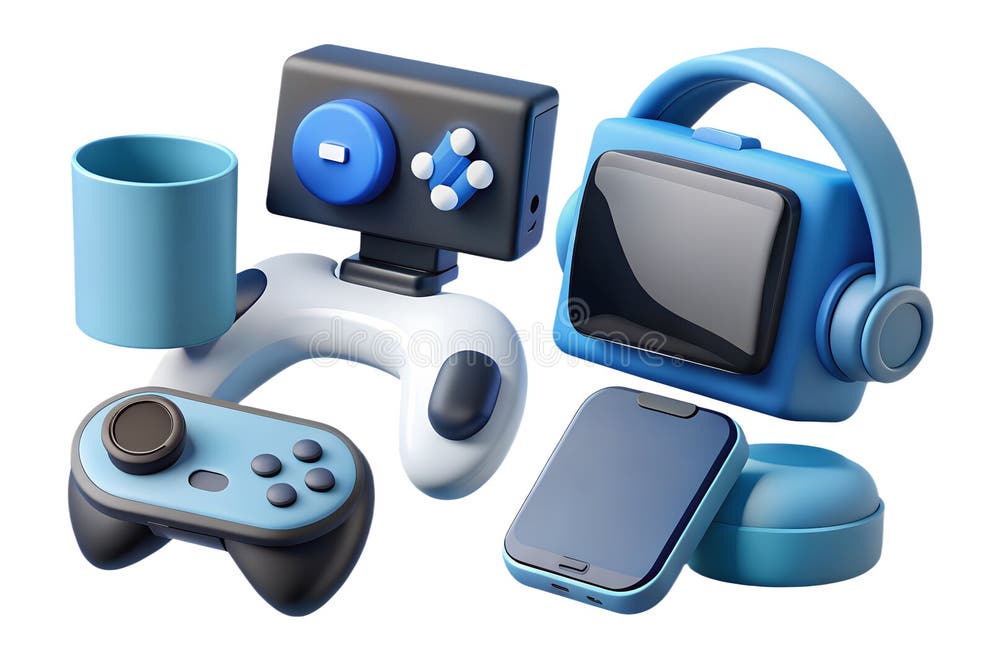 3D Render of Blue Gaming Gadgets Console, Controller, Headphones ...