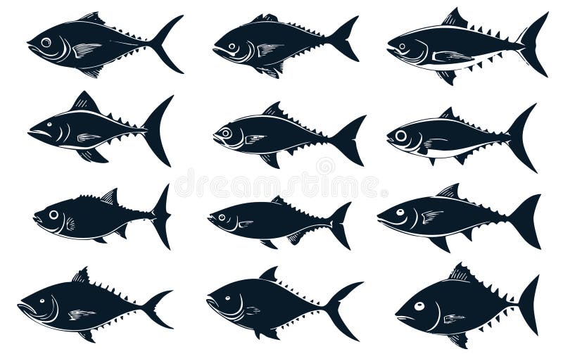 A Collection of Stylized Fish Illustrations Featuring Various Species ...