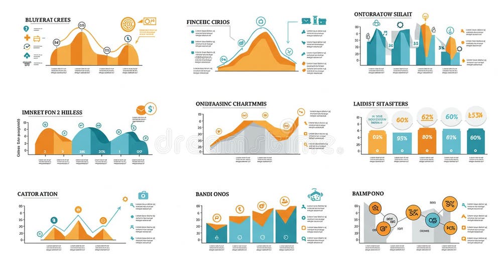A Collection of Stylized Infographics, Each Displaying Various Charts ...