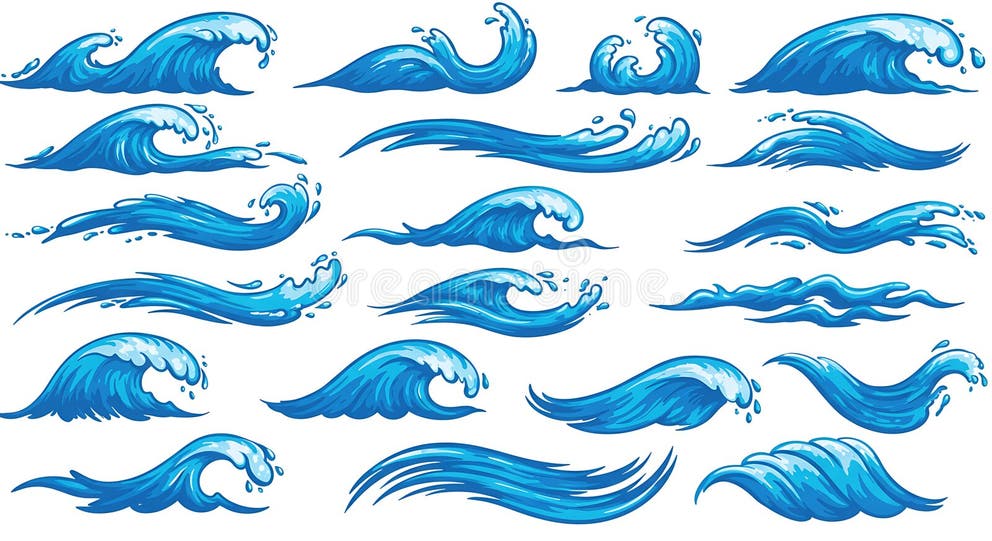 A Collection of Stylized Ocean Wave Illustrations. Each Wave Varies in ...