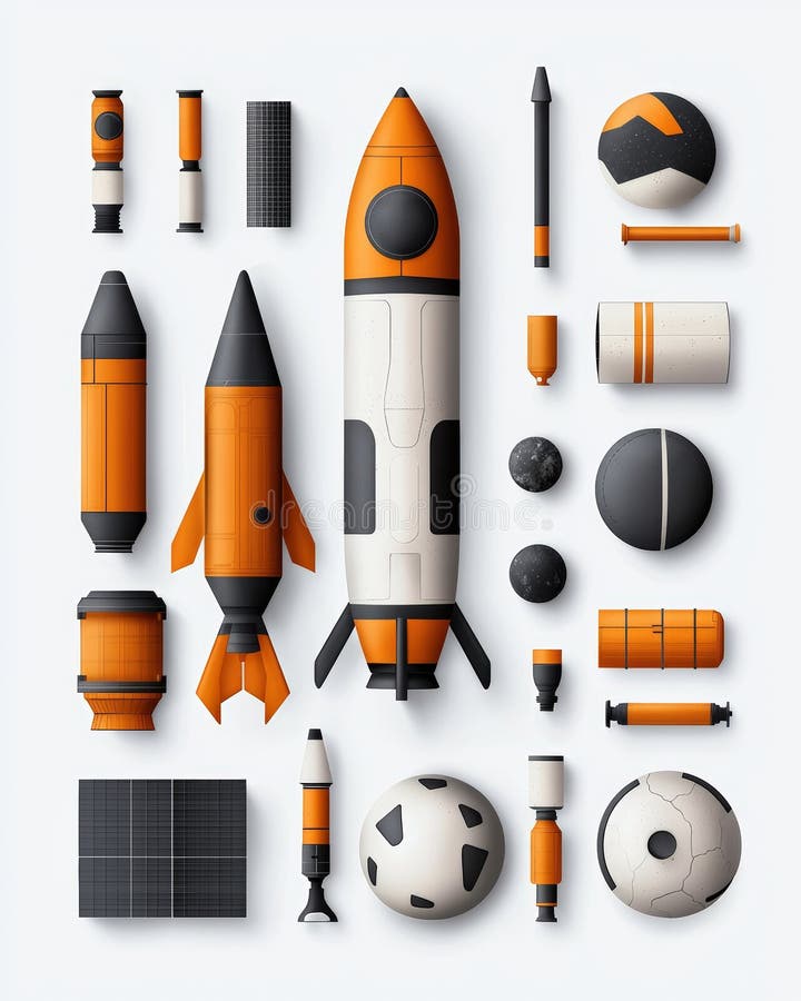 A Collection of Stylized Rockets and Space Elements in Vibrant Orange ...