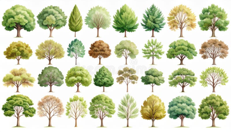 Collection of Stylized Tree Illustrations Representing Diversity in ...