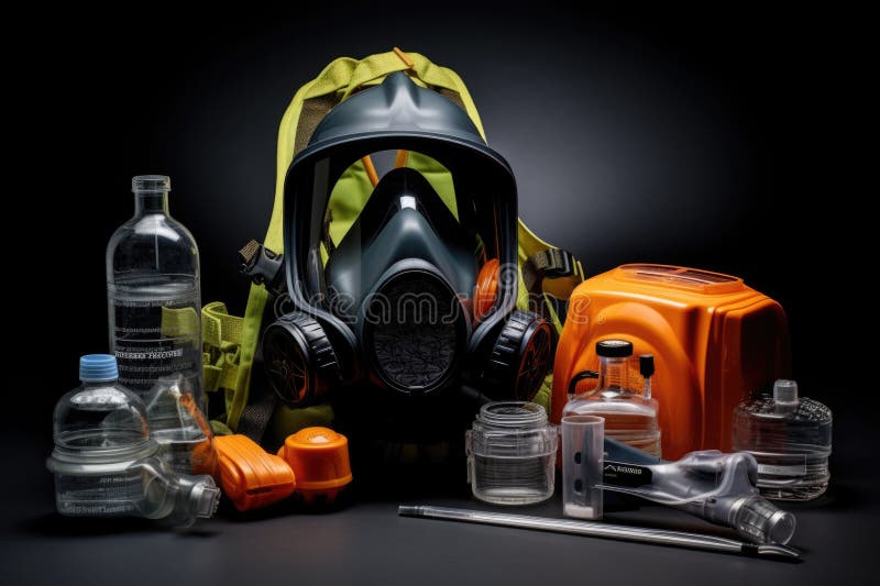 A Collection of Survival Kit Items Including a Gas Mask and Bottle of ...