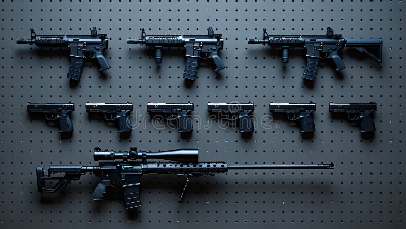 Collection of Tactical Firearms Displayed on a Pegboard Stock ...