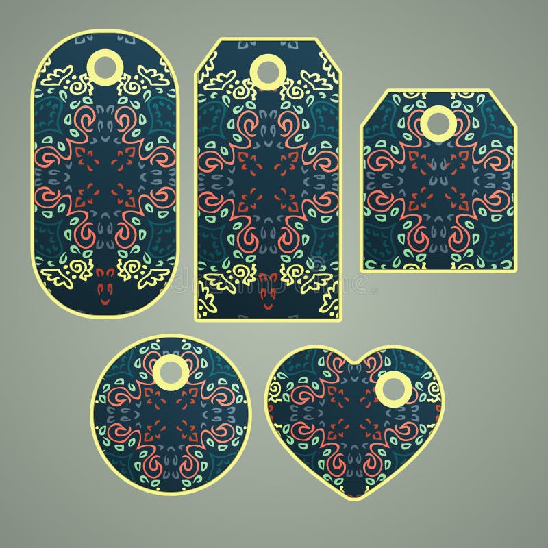 Collection of Tags with Colorful Exotic Ornate Pattern with Re Stock ...
