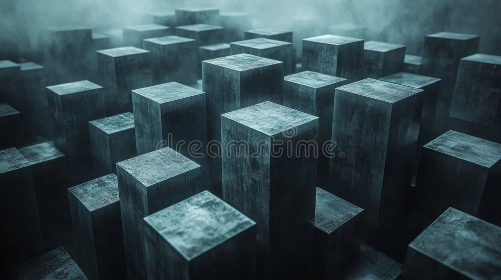 Abstract Geometric Structures Rise from Fog-covered Ground in a Surreal ...