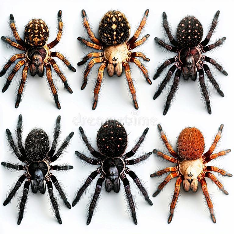 Collection of Tarantulas Spiders Arachnids on White Surface Isolated on White Background Stock ...