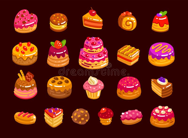 Collection Tasty Decorated Sweet Desserts And Candies Cakes And