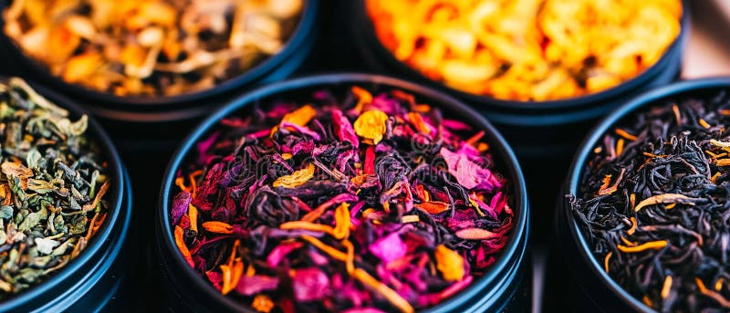 Collection of Tea Leaves and Herbs in Decorative Containers Stock Photo ...