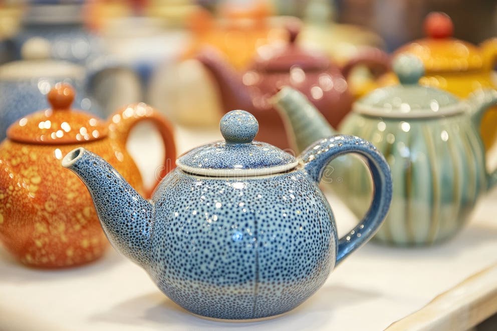 A Collection of Teapots Placed on a Table, Possibly for Display or Use ...
