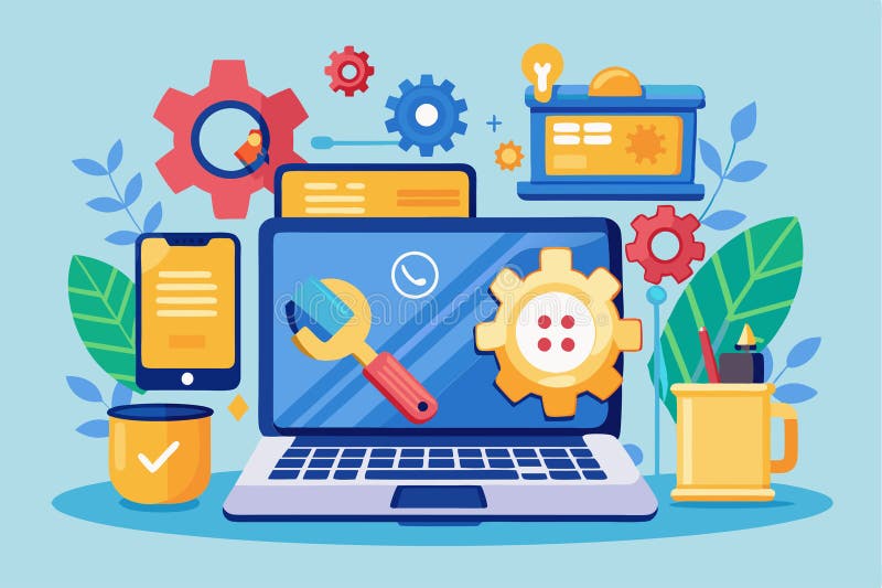 A Collection of Tech Tools, Gears, and Devices Illustrates Laptop ...