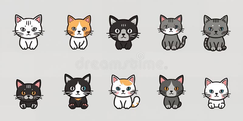 A Collection of Ten Cartoon Cats with Different Colors and Patterns ...