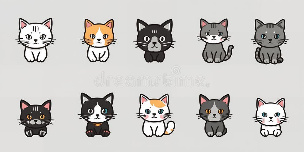 A Collection of Ten Cartoon Cats with Different Colors and Patterns ...