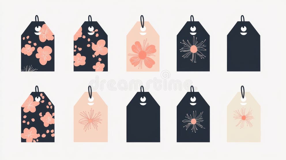 Collection of Ten Decorative Tags with Floral Designs and Solid Color ...