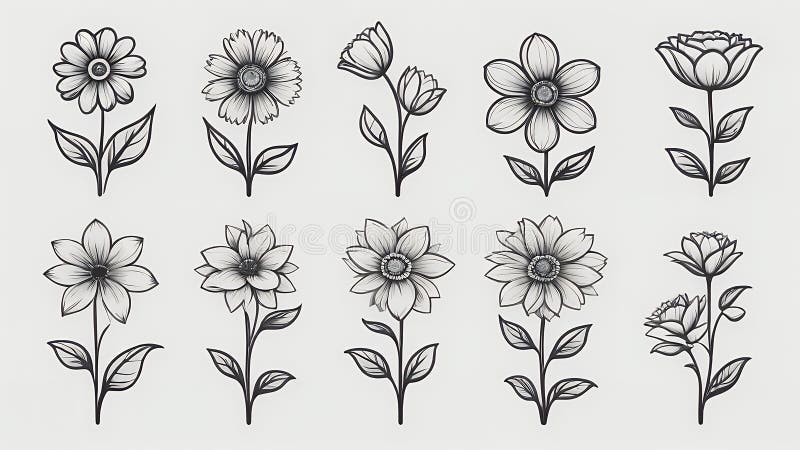 A Collection of Ten Flower Illustrations with Stems and Leaves in Black ...