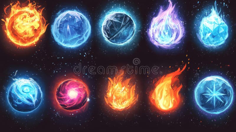 Collection of Ten Glowing Orbs Displaying Magical Fire and Ice Elements ...