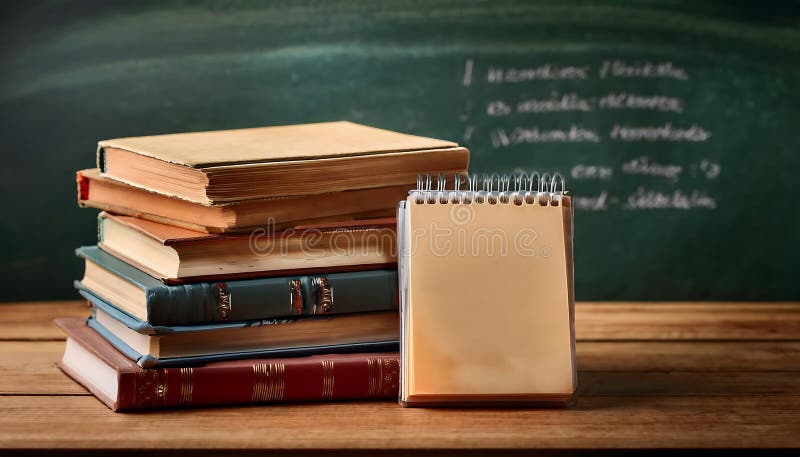 A Collection of Textbooks and Notepads on a Rustic Wooden Desk with a ...