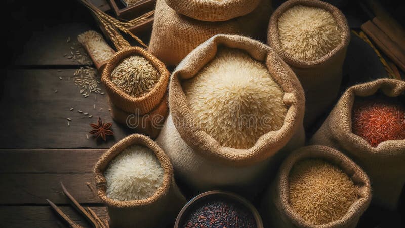 Collection of Thai Rice in Burlap Bags, Shot from a Top View Stock ...