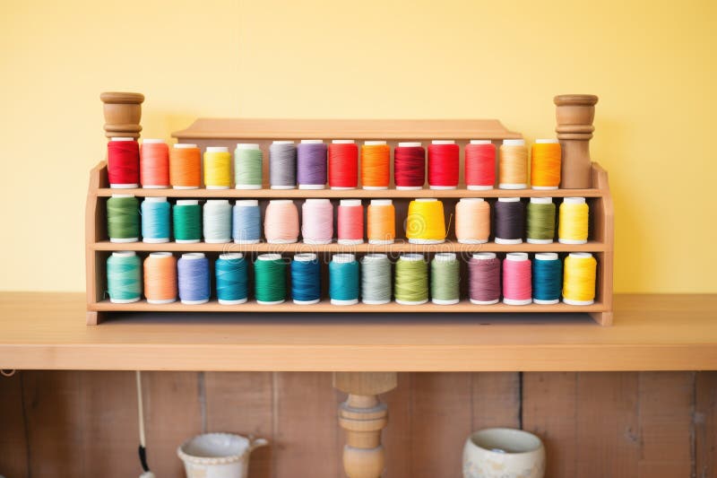 A Collection of Threads in Rainbow Colors on a Wooden Shelf Stock ...