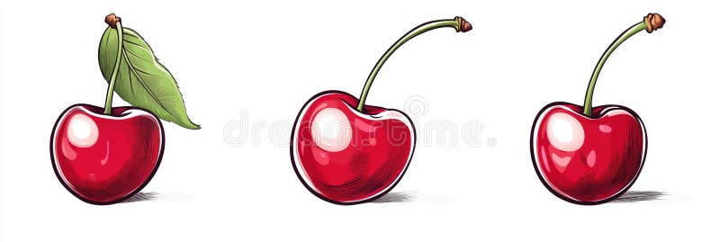 Set of Three Cherries with Green Leaf on White Background in Doodle ...