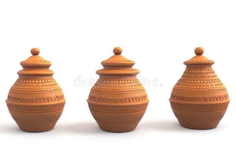 A Collection of Three Clay Pots with Lids on a White Surface Stock ...