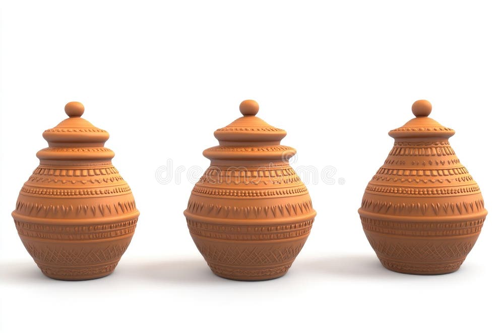 A Collection of Three Clay Pots with Lids on a White Surface Stock ...