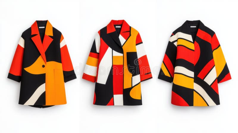 A Collection of Three Colorful Coats with Unique Geometric Patterns ...