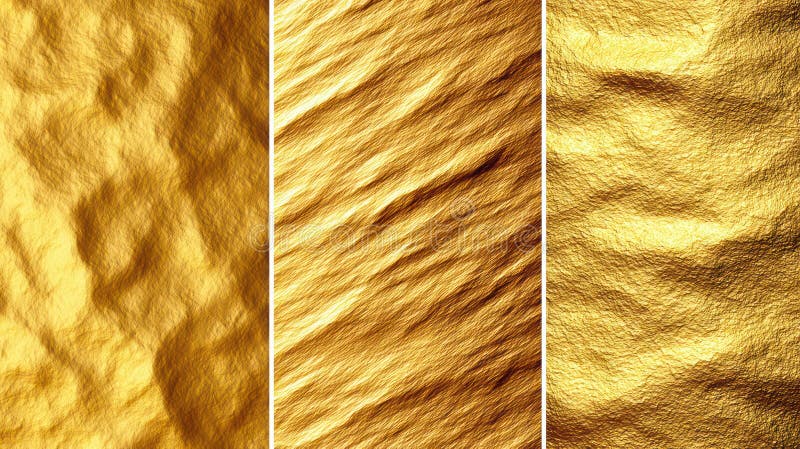 Collection of Three Different Golden Foil Texture Variations, Crumpled Metallic Surface Finishes ...
